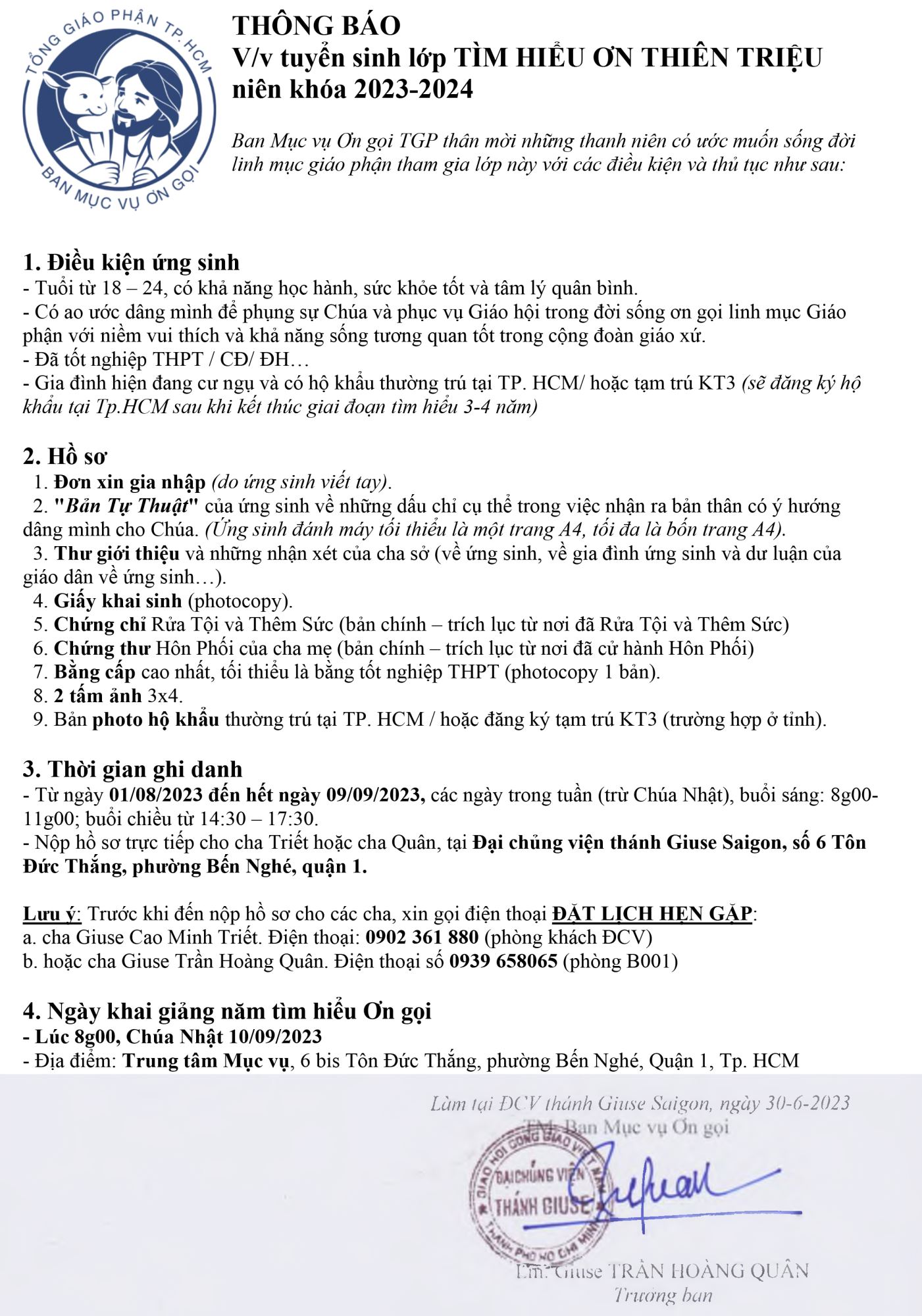 Tuyển sinh lớp ‘Tìm hiểu Ơn Thiên Triệu’ nk 2023-2024